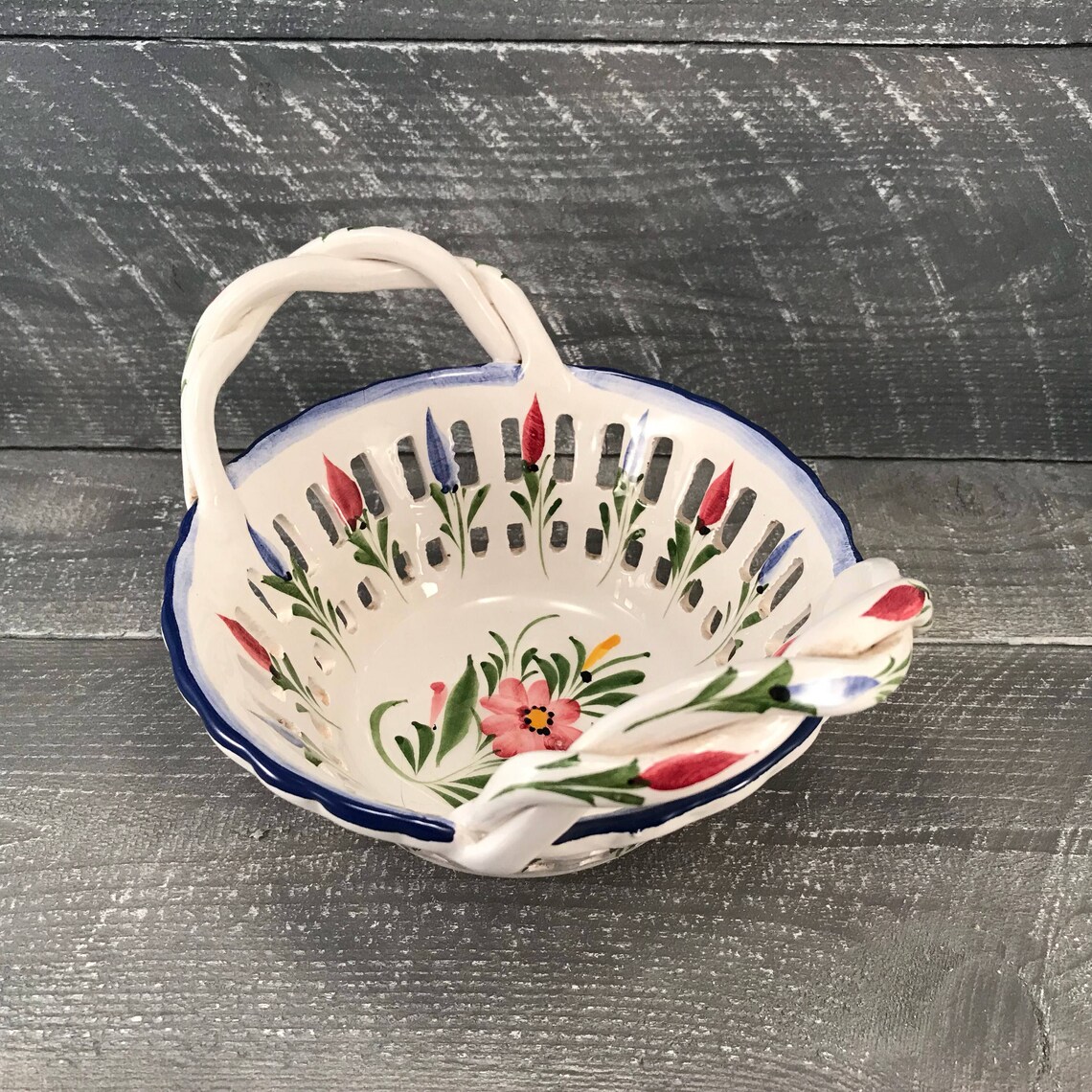 Vintage Portugal Ceramic Basket With Braided Handles, Made in Portugal ...