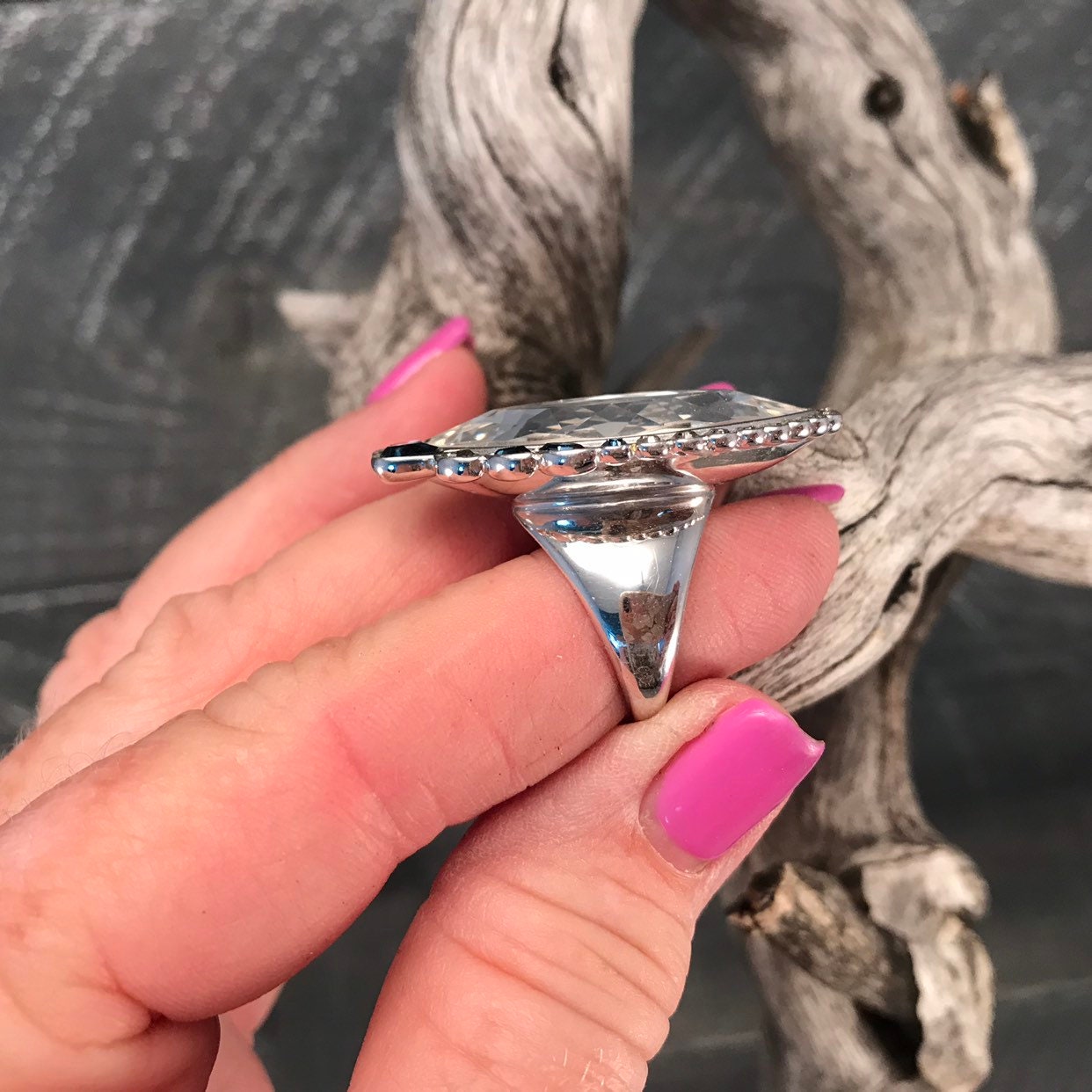 Vintage Glamour Statement Ring, Large Clear Crystal, Blue Rhinestones ...
