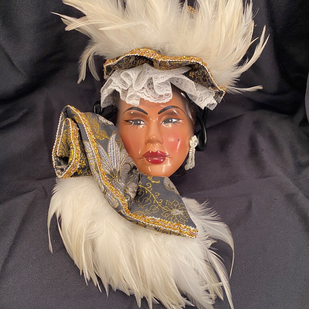 Mask, Ceramic Wall Face Mask Woman With Ostridge Feather Hat and Collar ...