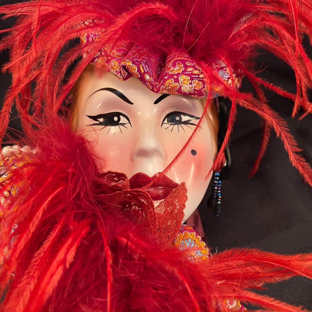 Mask, Ceramic Wall Face Mask Woman With Ostridge Feather Hat and Collar ...