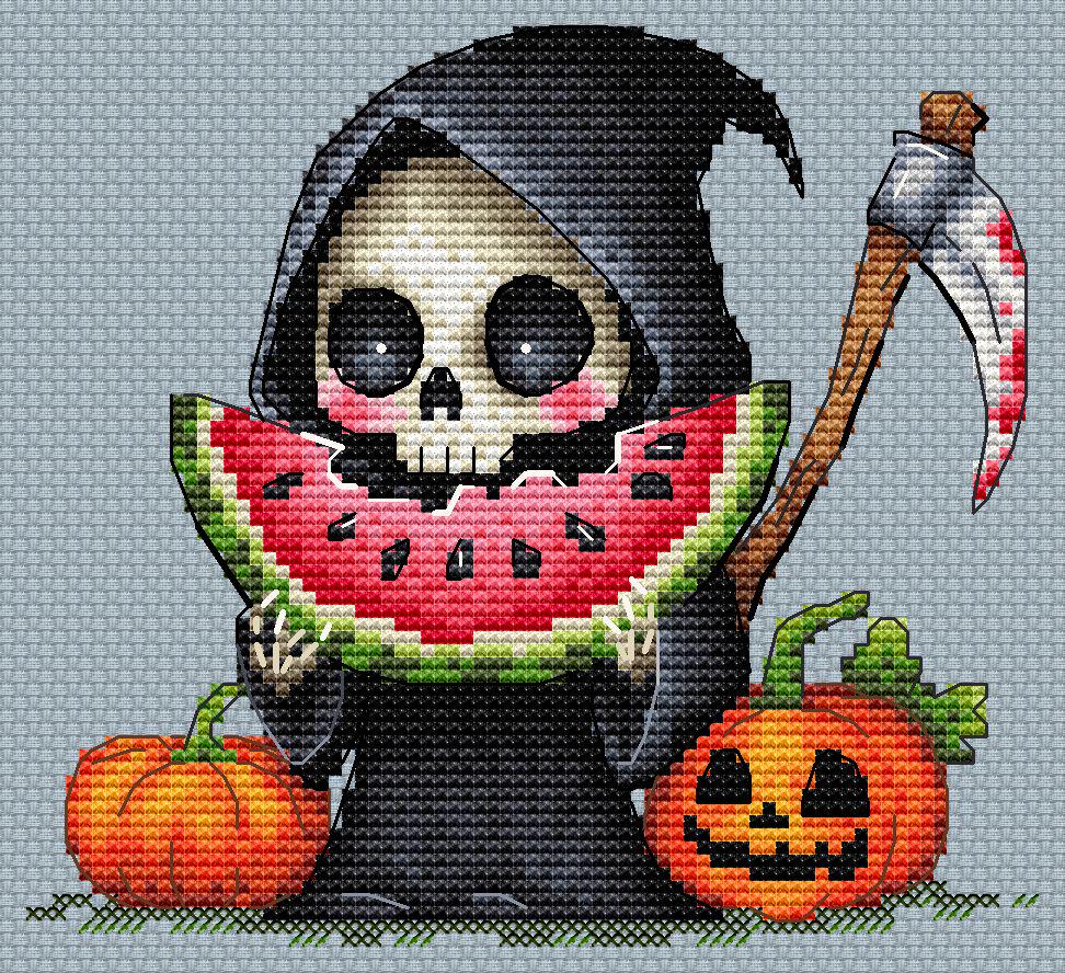 Cute Grim Reaper Cross Stitch Pattern - Halloween Skeleton With ...