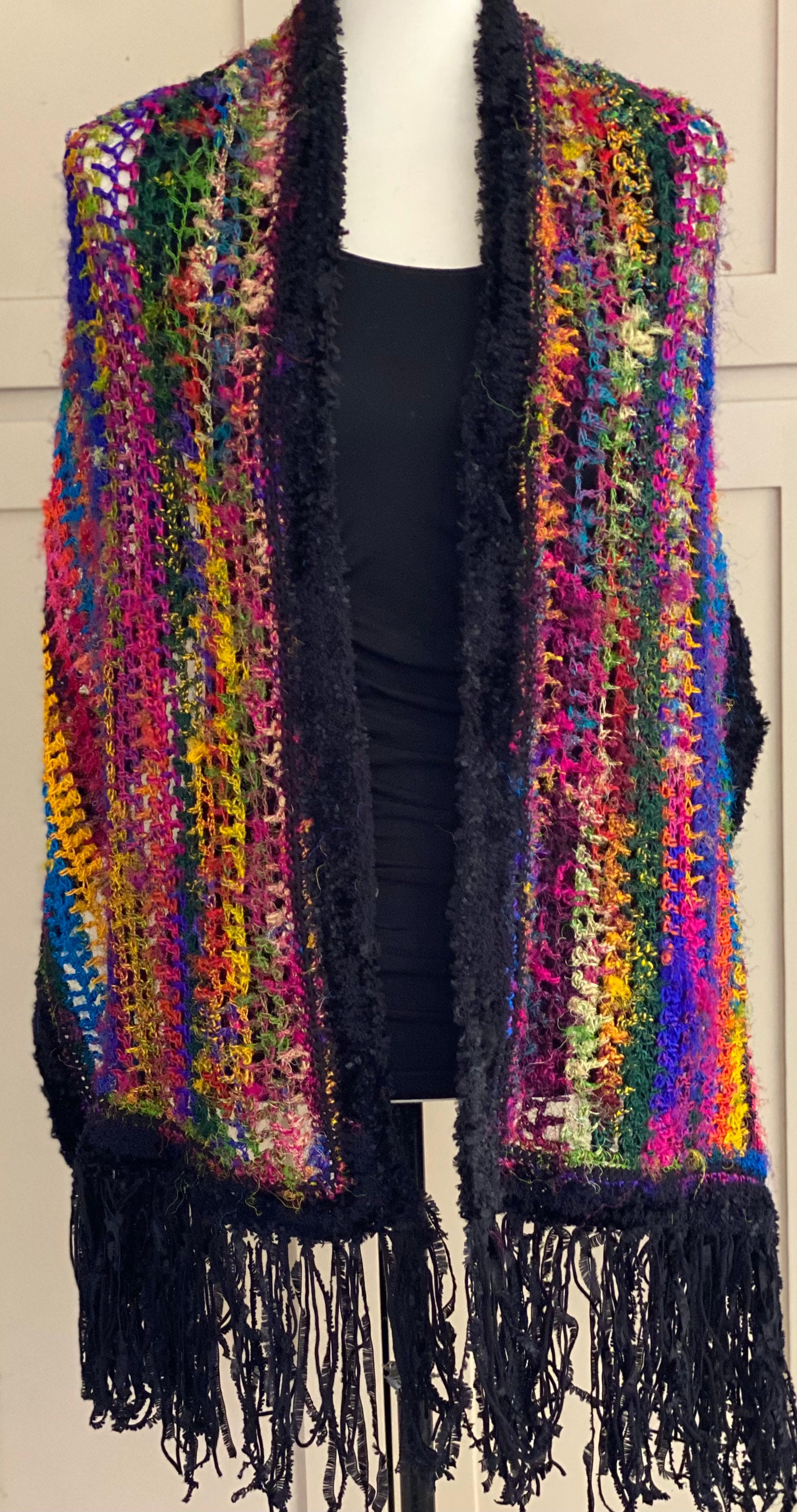Recycled Sari Crochet Shawl With Black Trim and Fringe - Versatile and ...