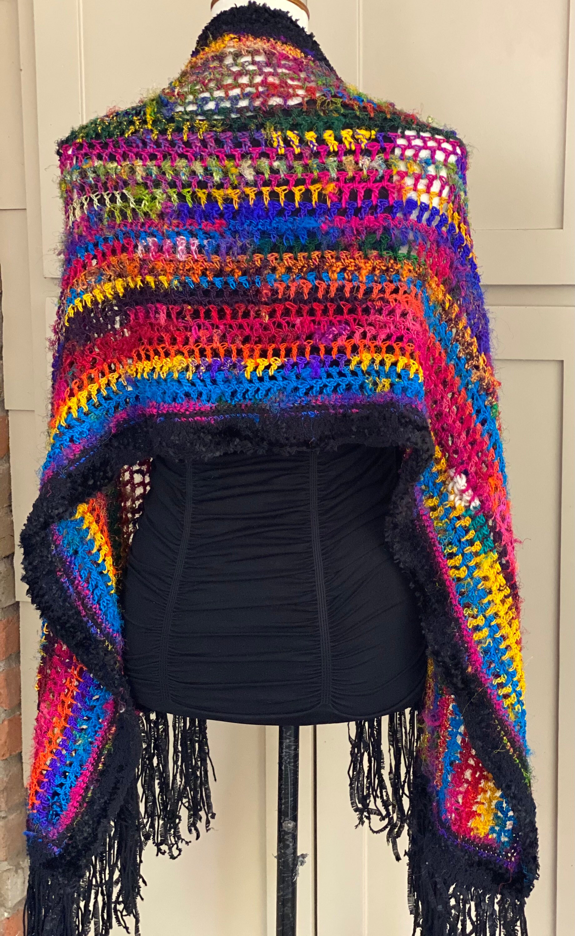 Recycled Sari Crochet Shawl With Black Trim and Fringe - Versatile and ...