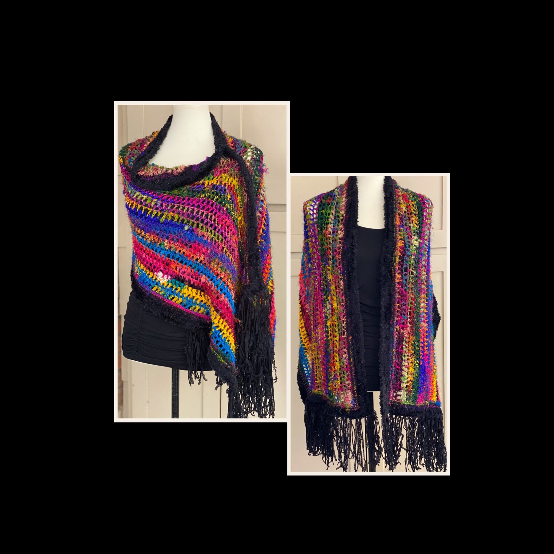 Recycled Sari Crochet Shawl With Black Trim and Fringe - Versatile and ...