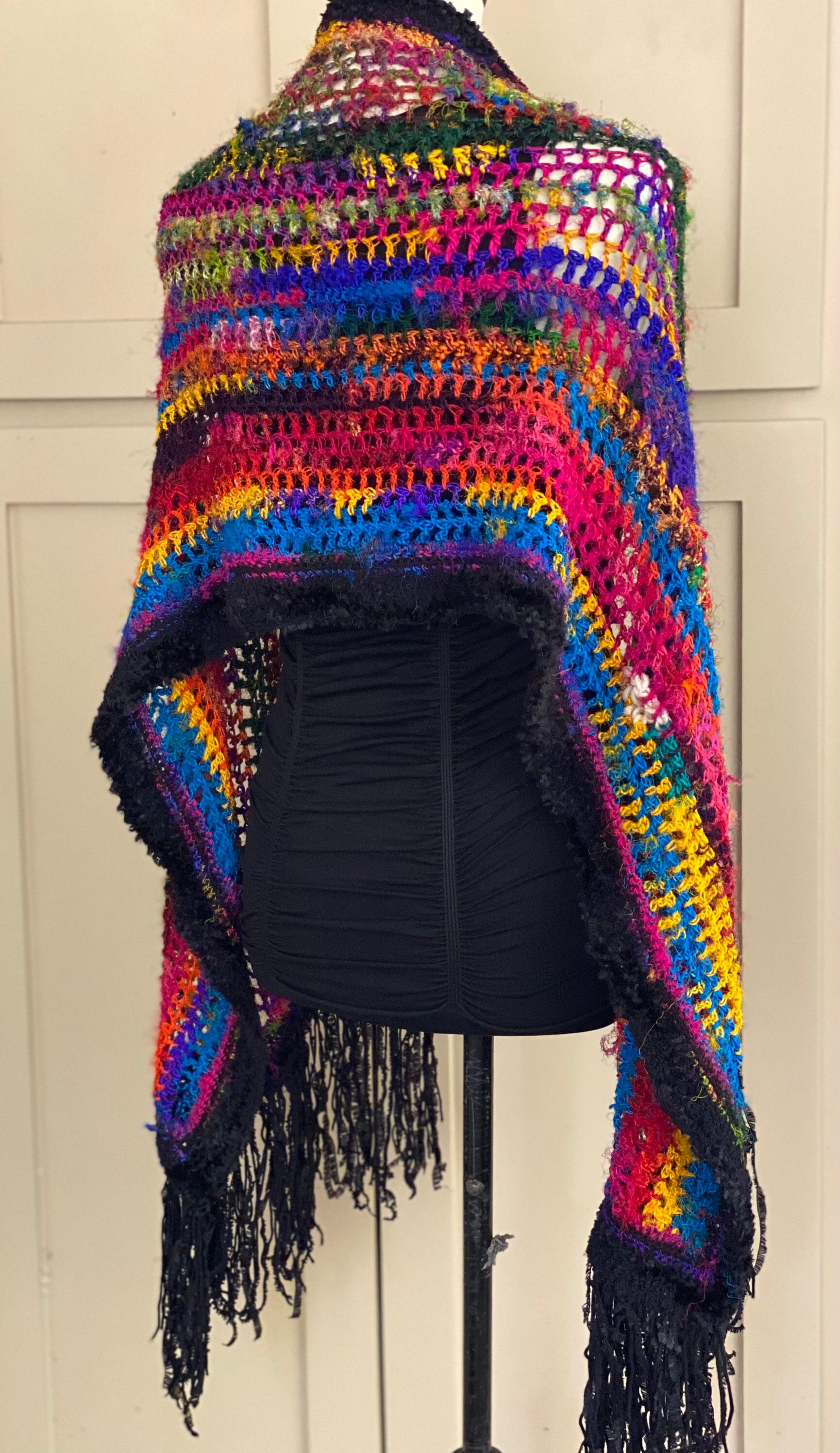 Recycled Sari Crochet Shawl With Black Trim and Fringe - Versatile and ...