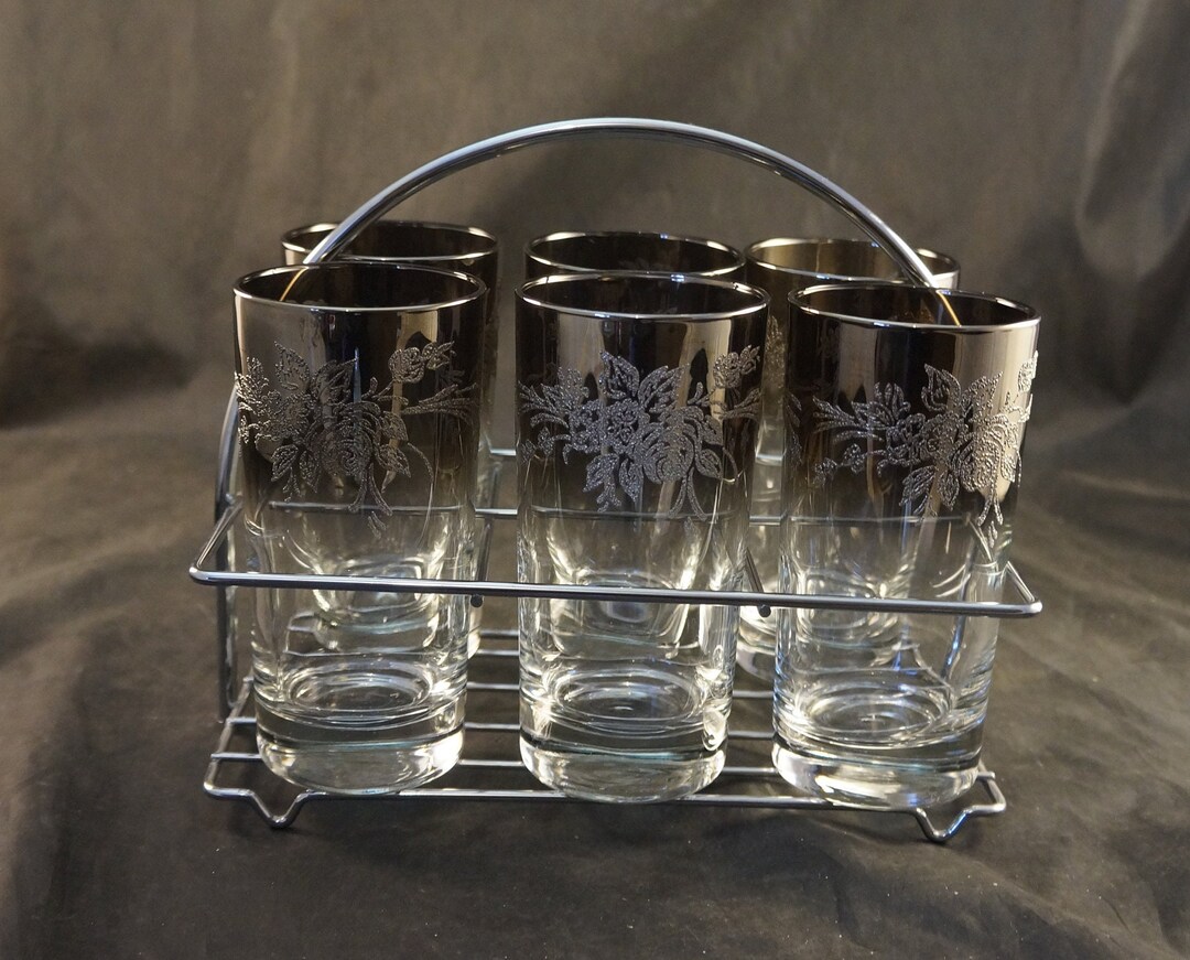 Set of 6 Tall Glasses With Chrome Carrier Mid Century Silver or Gray - Etsy