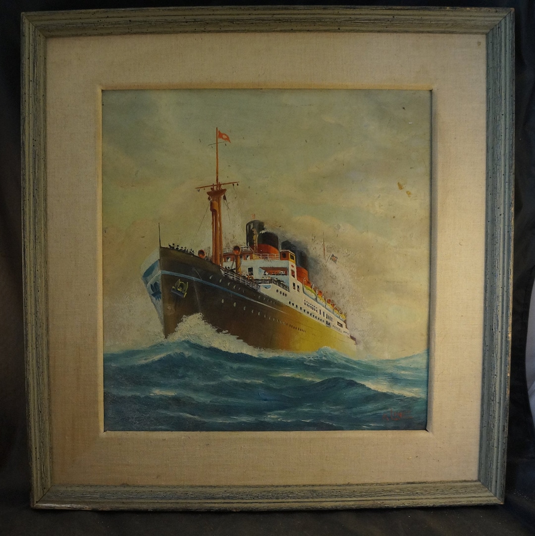 Original Oil Painting of Ocean Liner Cunard Colors and Flying the Union ...