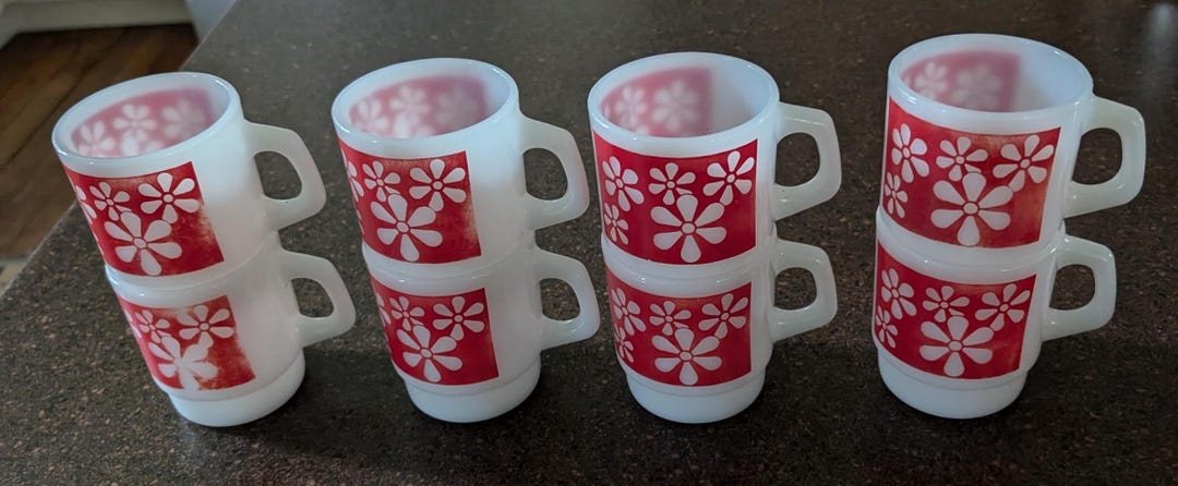 Lot of 8 Matching Stackable Fire King Flower Power Mugs Red Flowers - Etsy