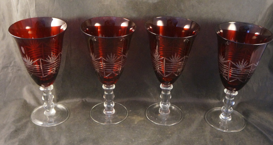 Set of 4 Bohemian Ruby Red Flash Cut Glass Goblets - Etsy