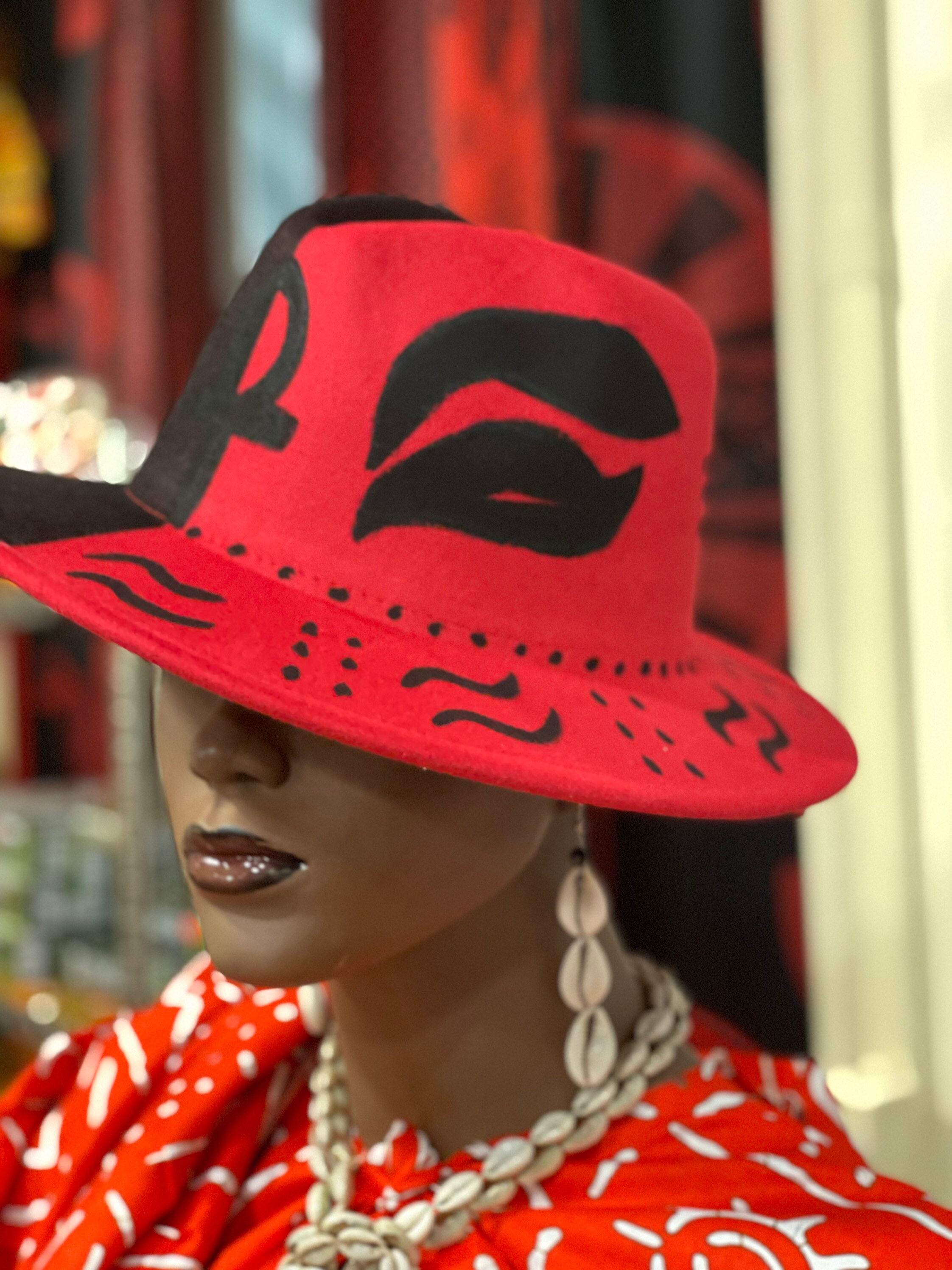 Adrinka Red Fedora Hat, African Hat, African Unisex Hats, Cowrie Shell ...