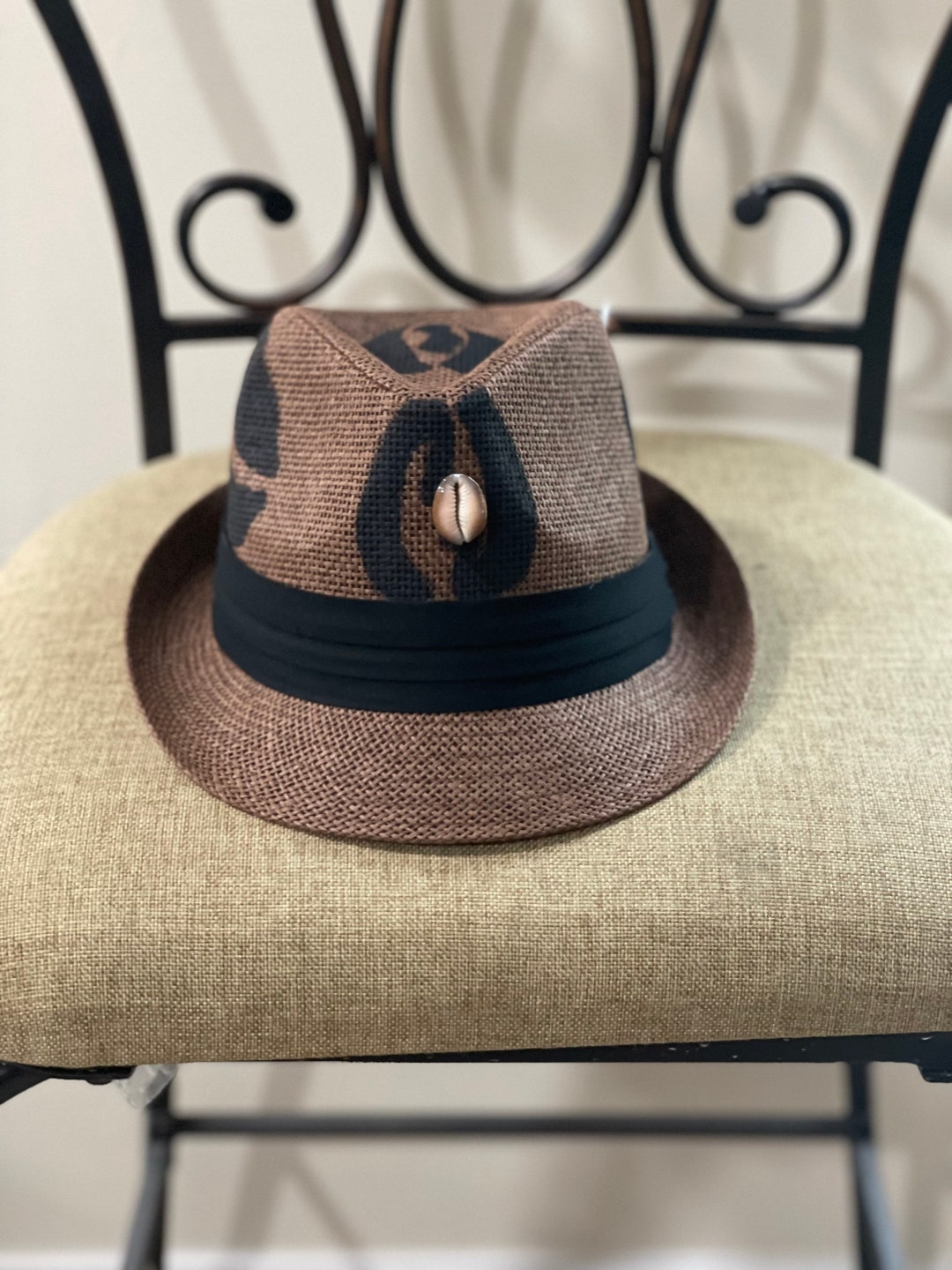 Large Brown Fedora Straw Hat, Big Brim Hat, Tiger Eye Fedora , Cowrie ...