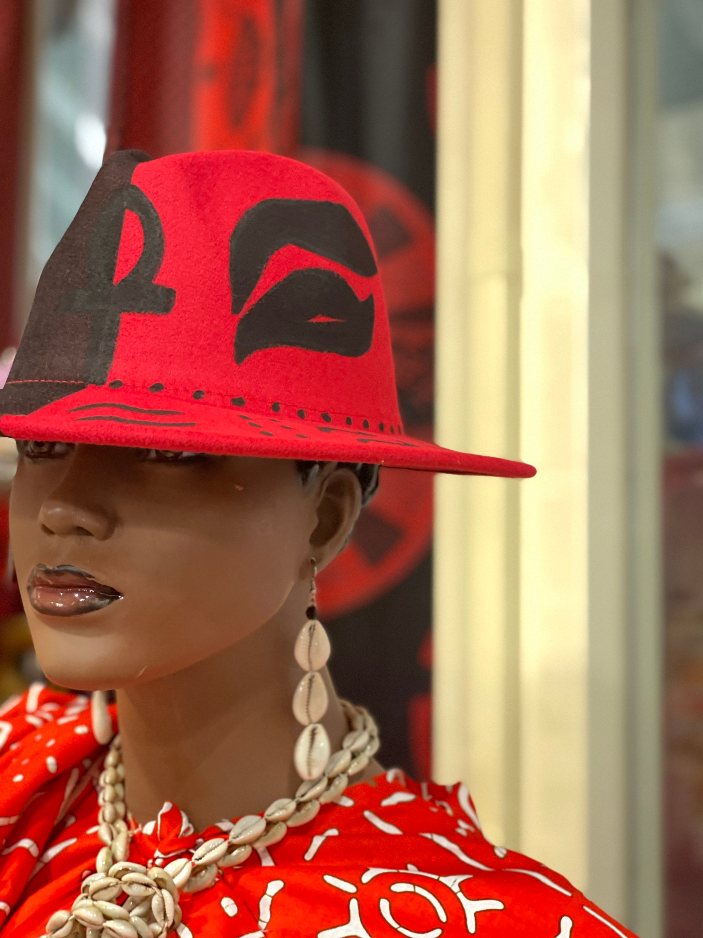 Adrinka Red Fedora Hat, African Hat, African Unisex Hats, Cowrie Shell ...