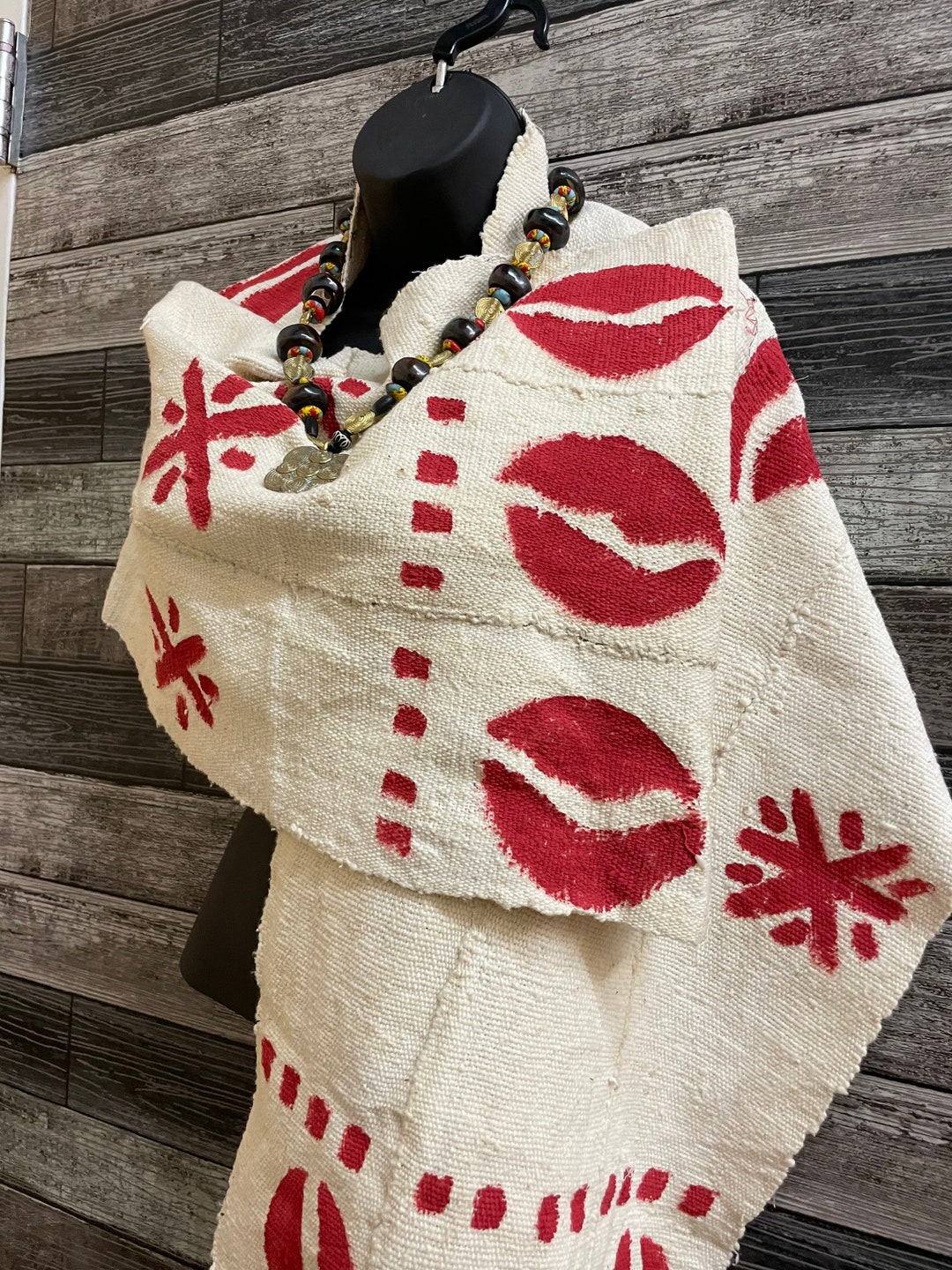 Christmas Red and White Mudcloth Shawl, Cowrie Shell Shawl, African Red ...