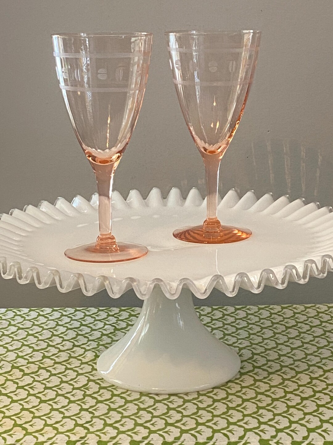 Pair of Etched Pink Depression Glass Water Goblets Pink Stemware 1920s ...
