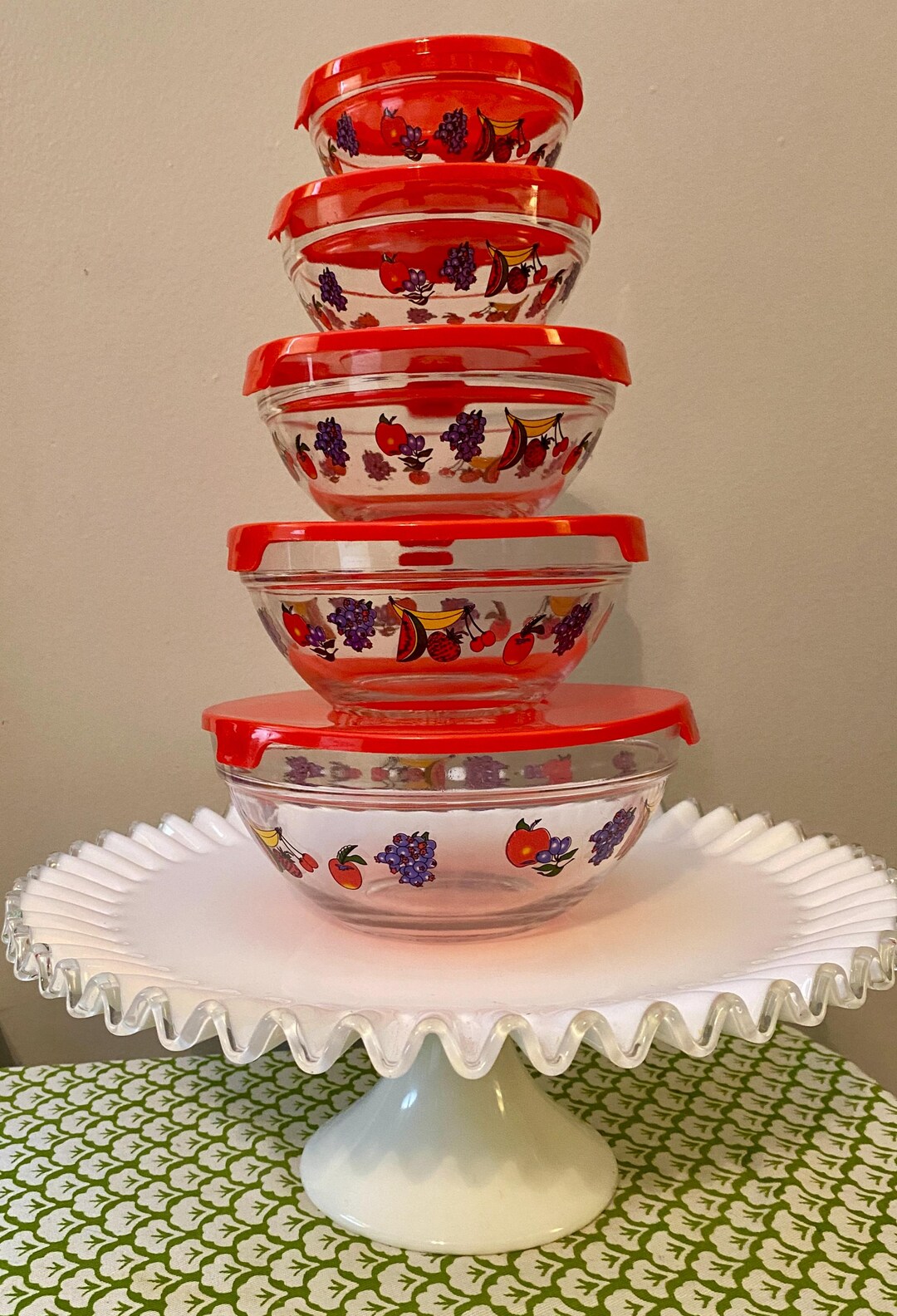 Set of 5 Glass Stacking Bowls With Red Lids Fruit Graphics - Etsy
