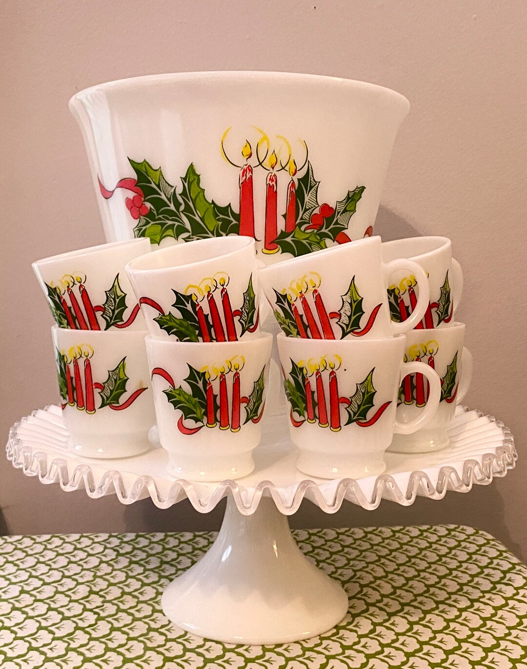 Vintage Hazel Atlas Christmas Holly and Candle Punch Bowl Set, Egg Nog ...
