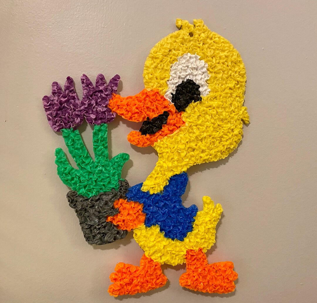 1 Bright Yellow Vintage 18 Melted Plastic Popcorn Duck holding Purple ...