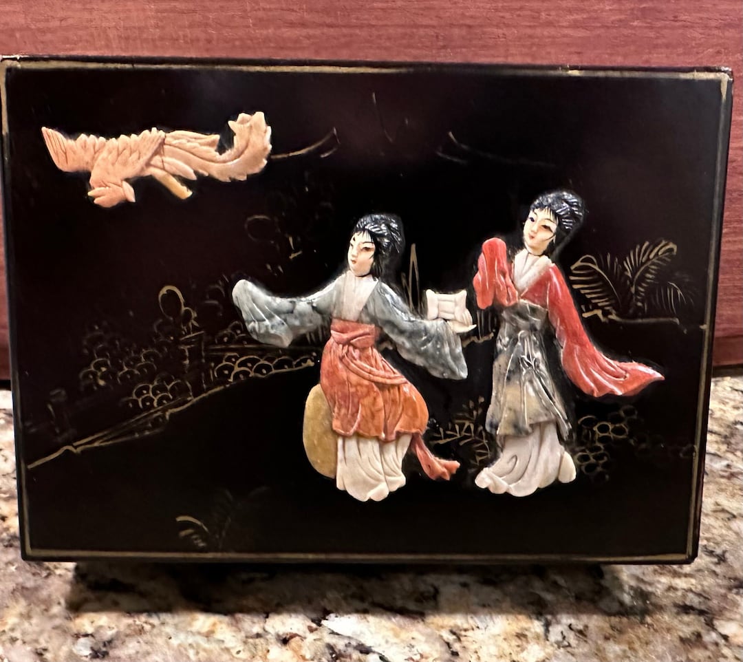 Vintage Asian Lacquer Box With Mother-of-pearl and Multi Colored Stones ...