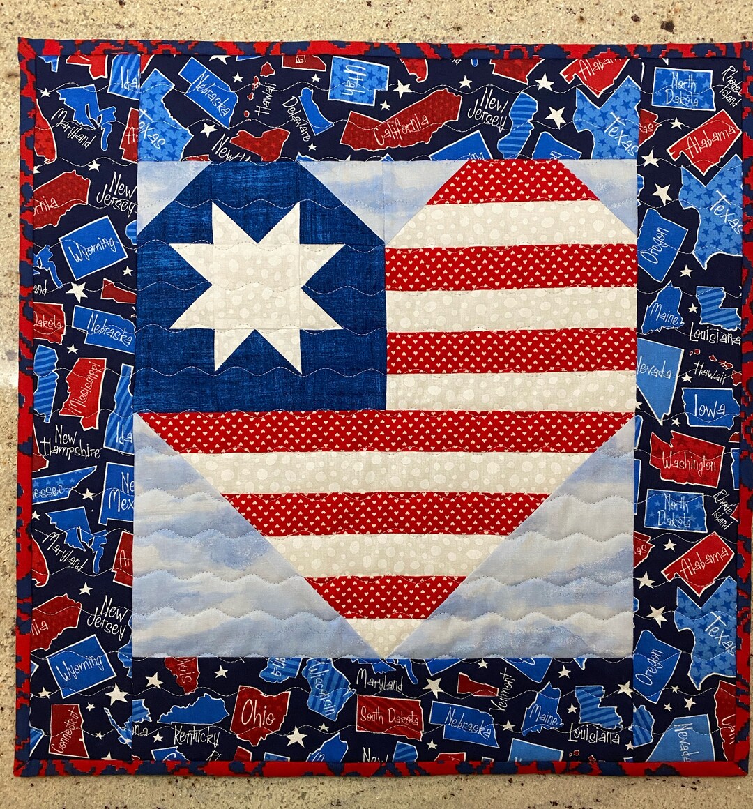 Patriotic Heart Flag Little Quilt Wallhanging or Table Topper Handmade ...