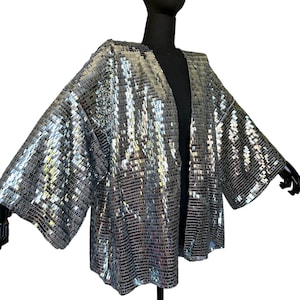 SILVER Disco Ball Stick SEQUINS Kimono Jacket/ Duster Sequins/ Festival ...