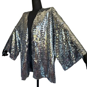 SILVER Disco Ball Stick SEQUINS Kimono Jacket/ Duster Sequins/ Festival ...