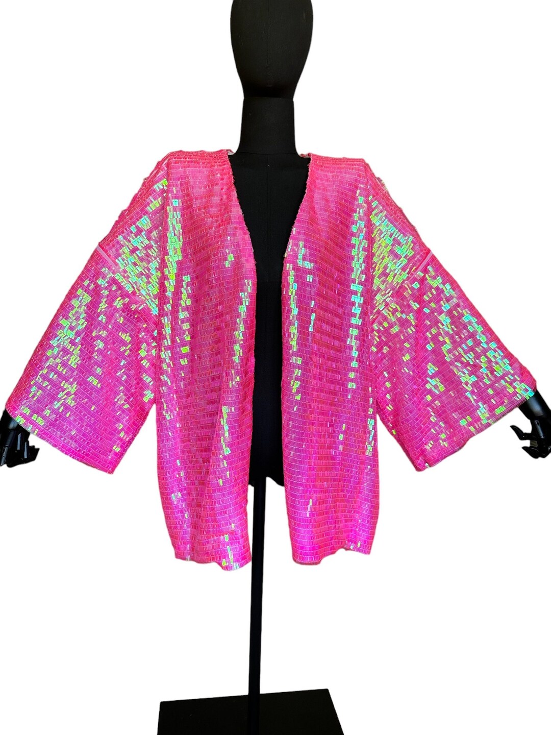 IRIDESCENT HOT Pink Stick SEQUINS Kimono Jacket/ Disco Ball / Festival ...