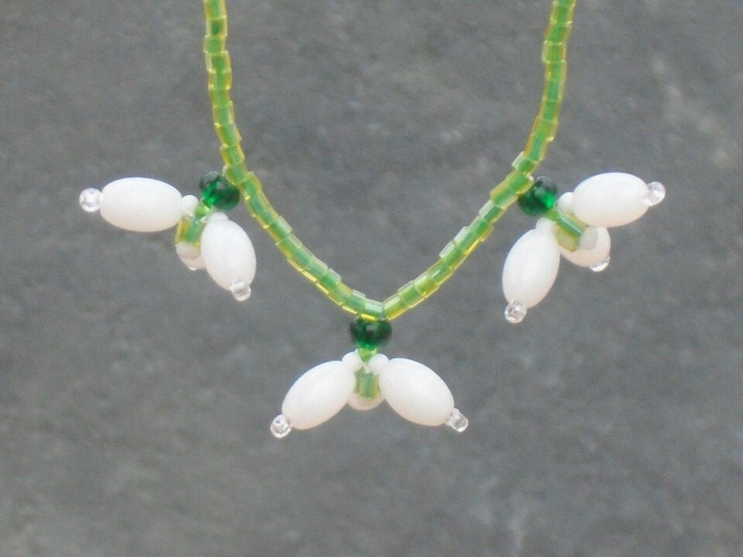 Snowdrop Necklace, Spring Flower Necklace, in Crystal, White, and Leaf ...