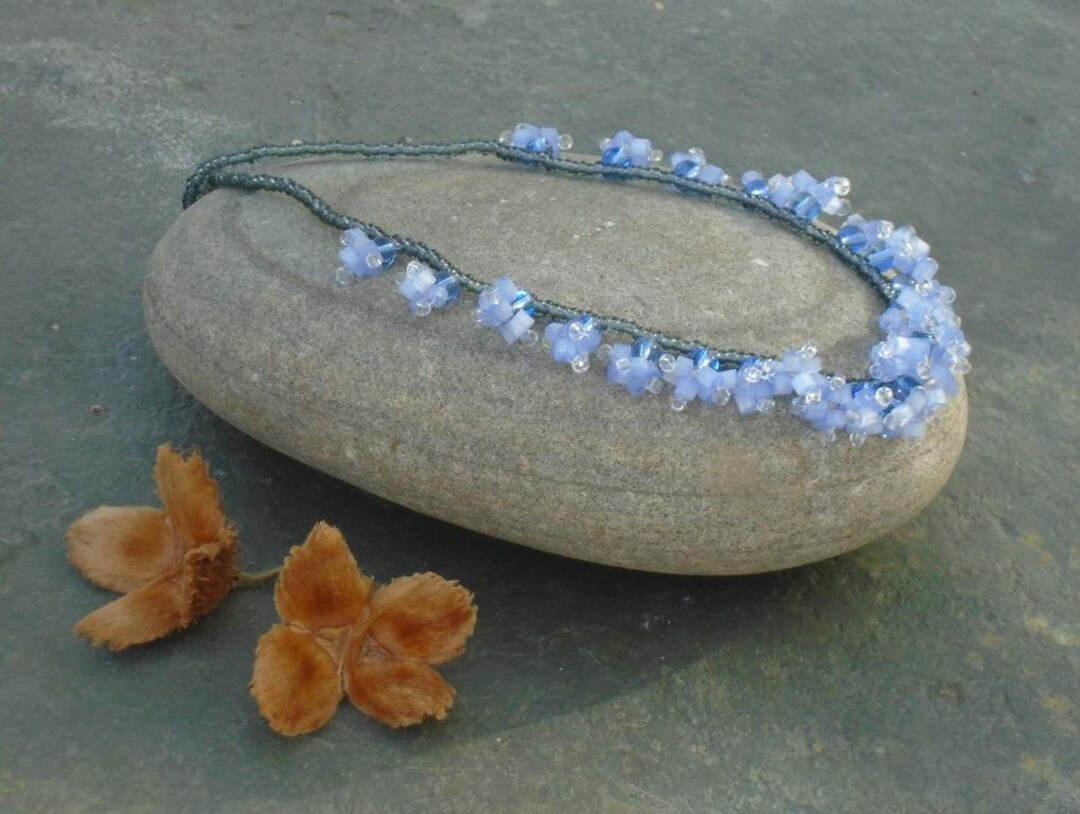 Speedwell, Blue Flower Necklace, Seed Bead Flower Necklace, in Pale ...