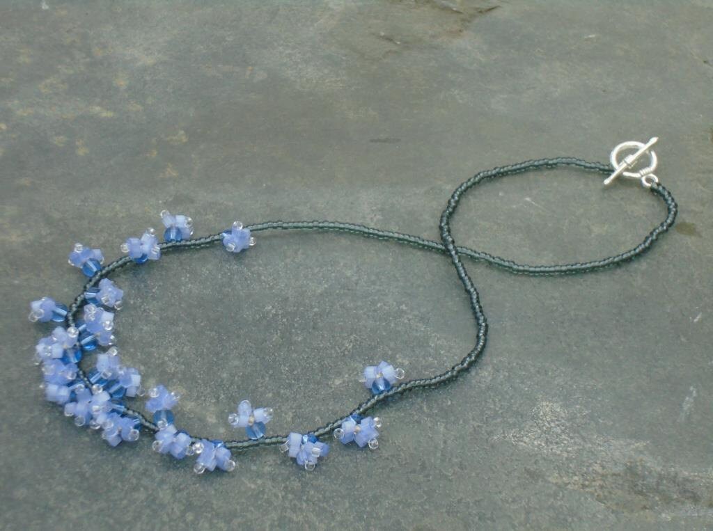 Speedwell, Blue Flower Necklace, Seed Bead Flower Necklace, in Pale ...