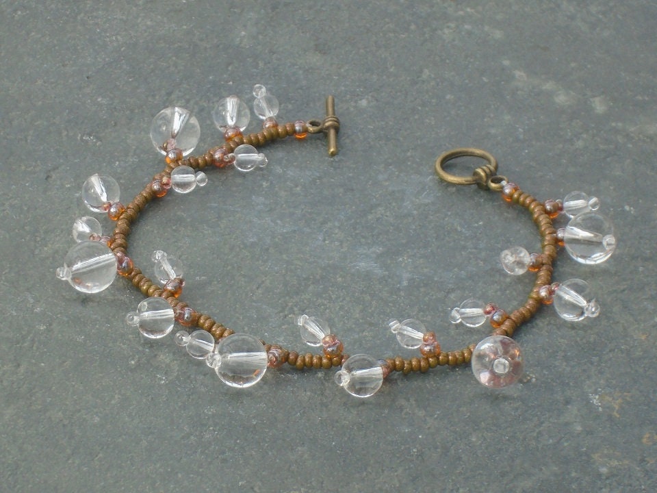 Raindrops Bracelet, in Bronze and Brown Czech Seed Beads and Crystal Glass Round Beads, UK ...