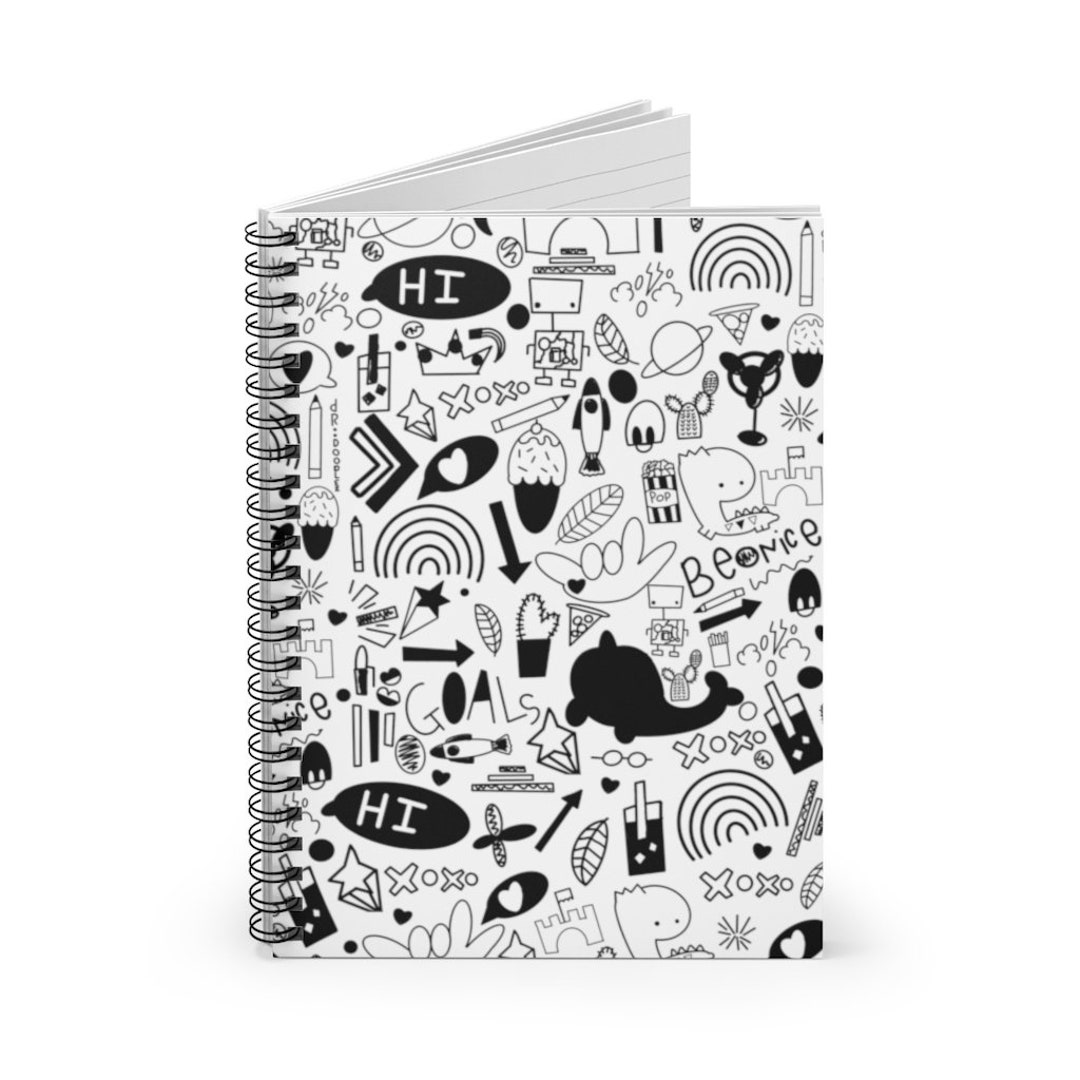 Black & White Doodle Notebook, Spiral Notebook, Lined Notebook, Cute ...