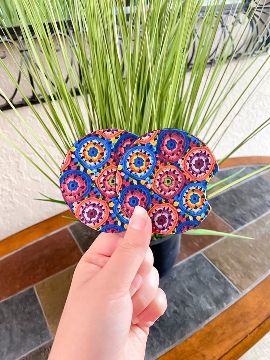 Round Granny Coasters, Granny Square Car Coasters, Car Accessories, Set ...
