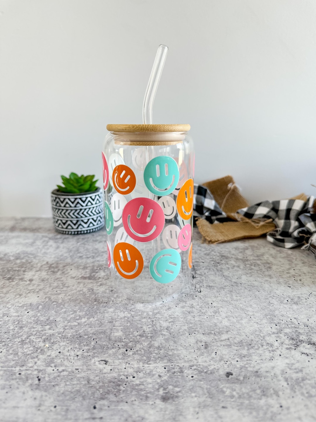 Smiley Face Glass Cup, Colorful Iced Coffee Cup, Retro Smiley Glass Cup ...