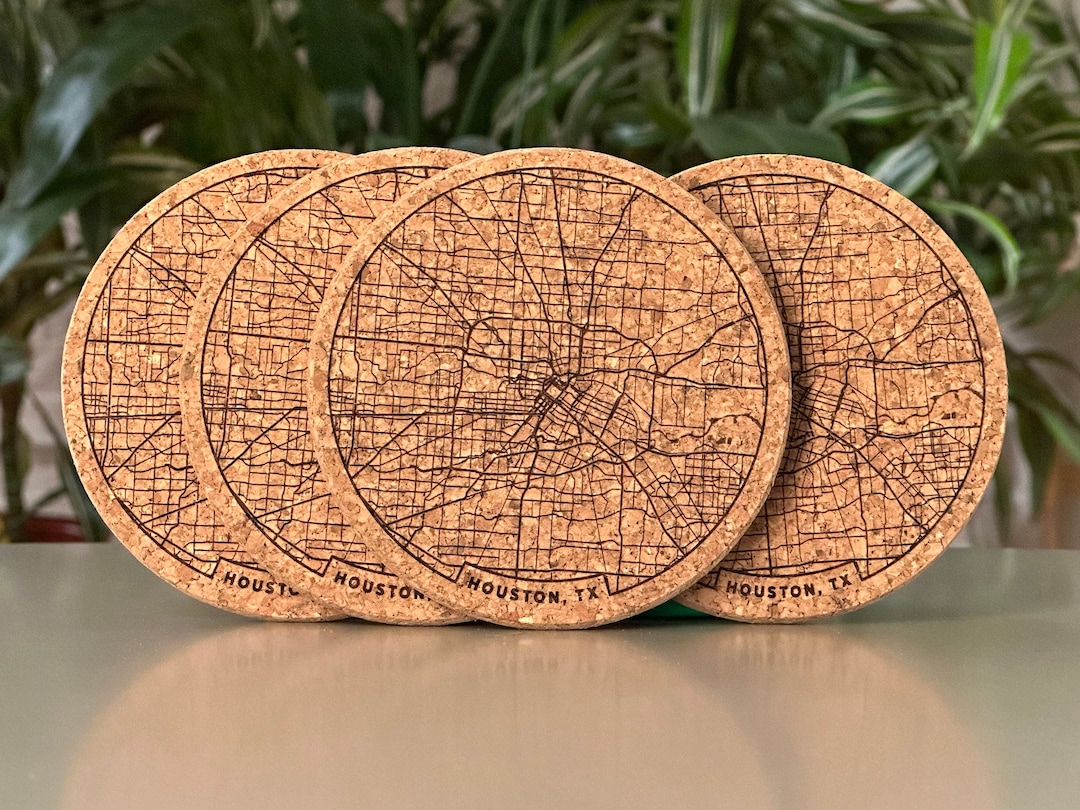 Houston, TX Map Coasters - Engraved Cork - Set of 4 - Etsy