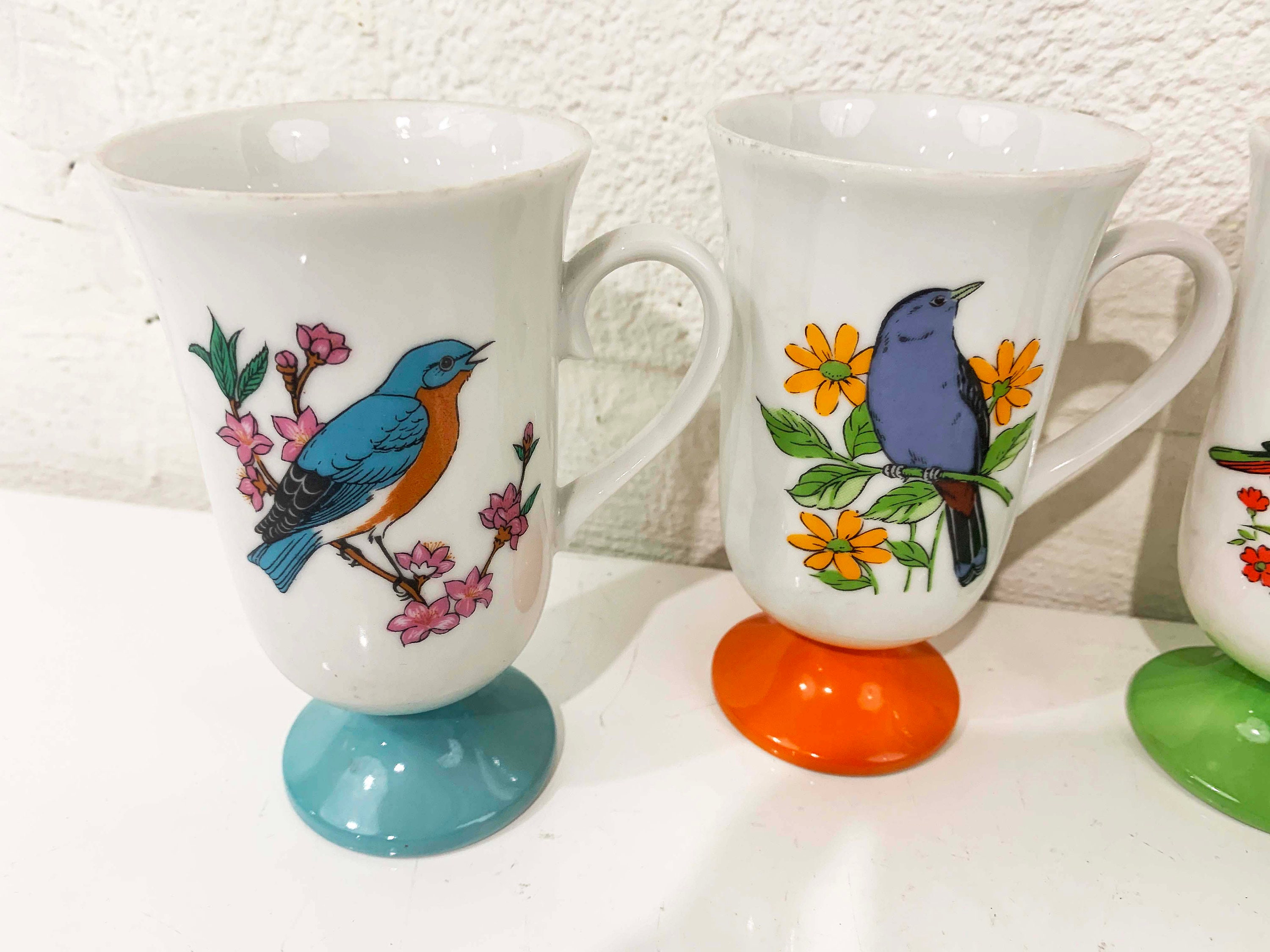 Vintage Rainbow Bird Mugs Birds Pedestal Stacking Cups Ceramic Animal ...