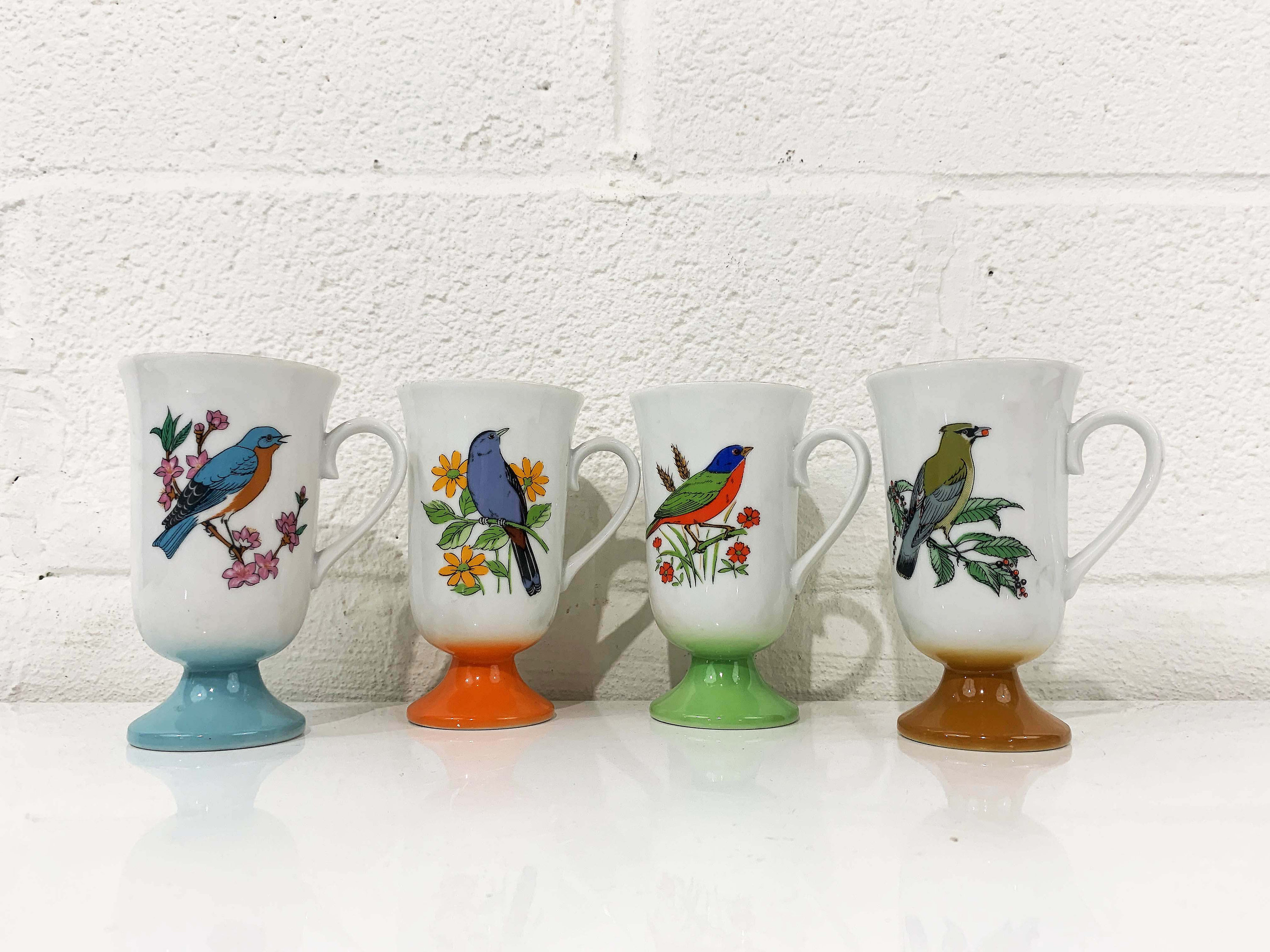 Vintage Rainbow Bird Mugs Birds Pedestal Stacking Cups Ceramic Animal ...