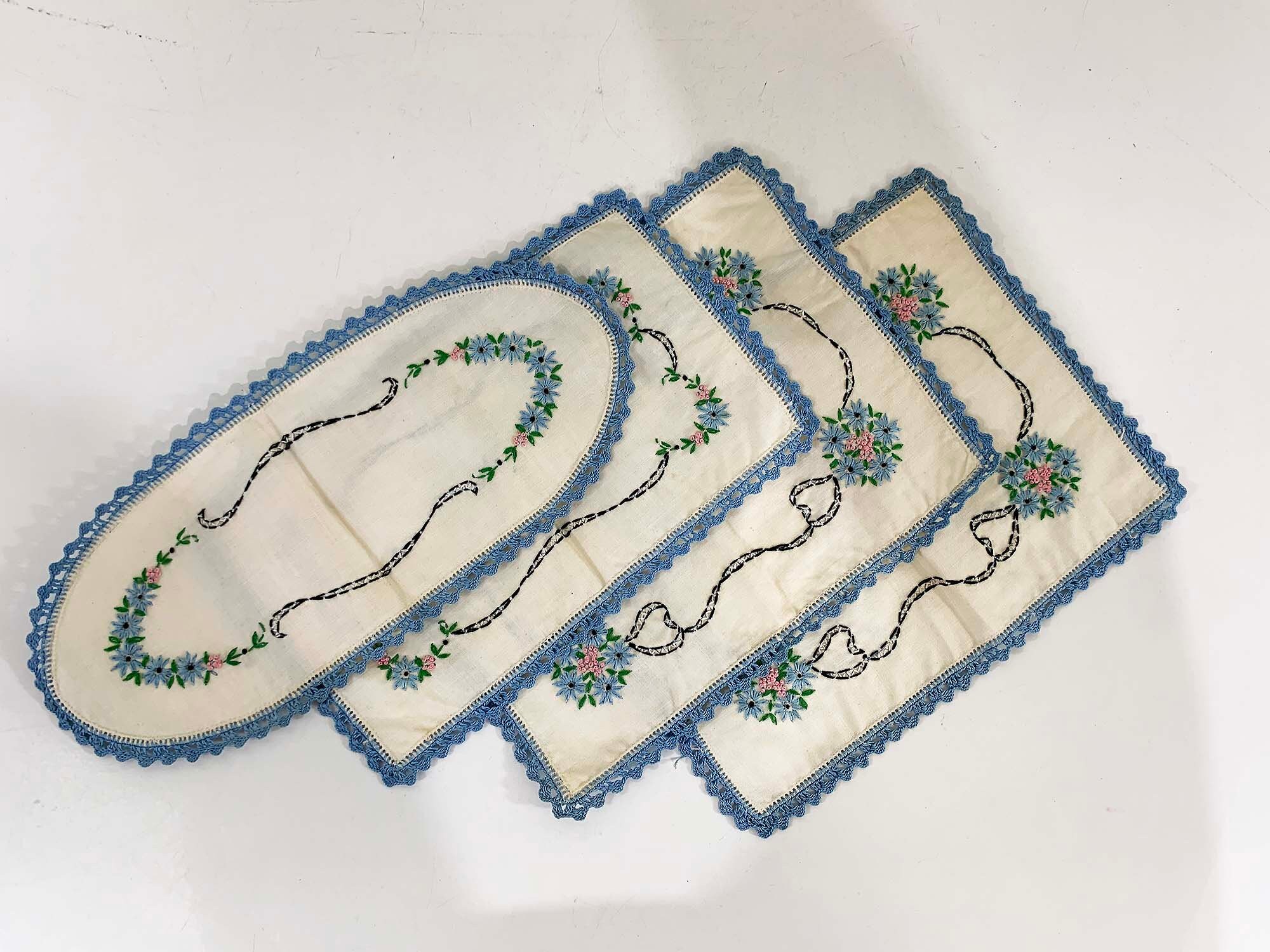 Vintage White Blue Embroidered Doily Set of 4 Doilies Embroidery ...