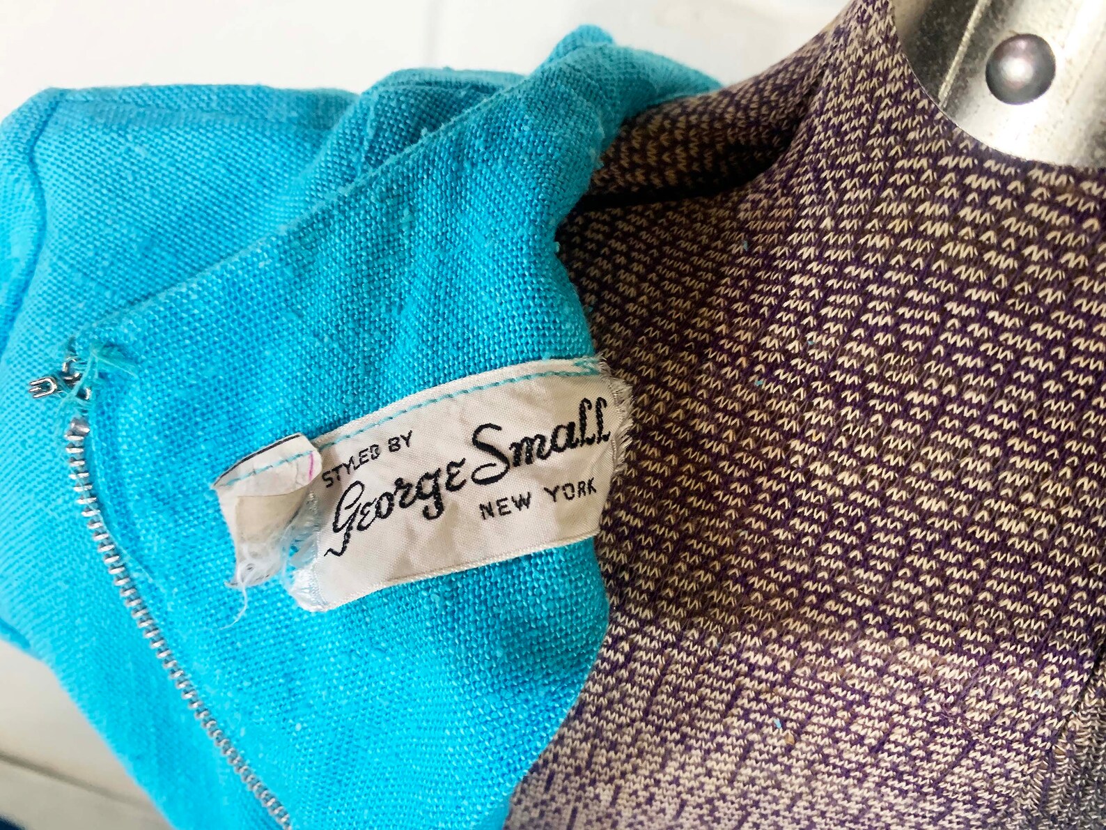 Vintage Turquoise Blue Shift Dress George Small Linen Textured Nubby ...