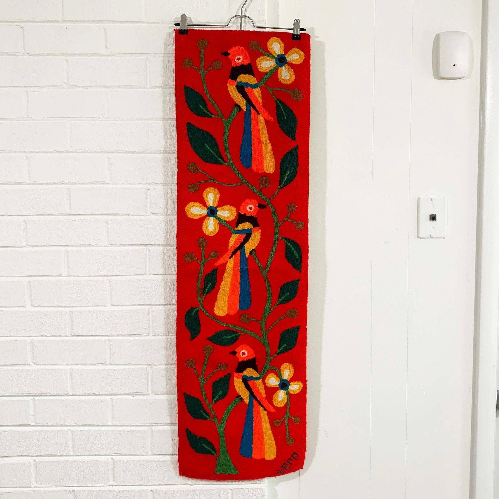 Vintage Red Embroidery Bell Pull Tapestry Banner Birds Geometric Wall ...