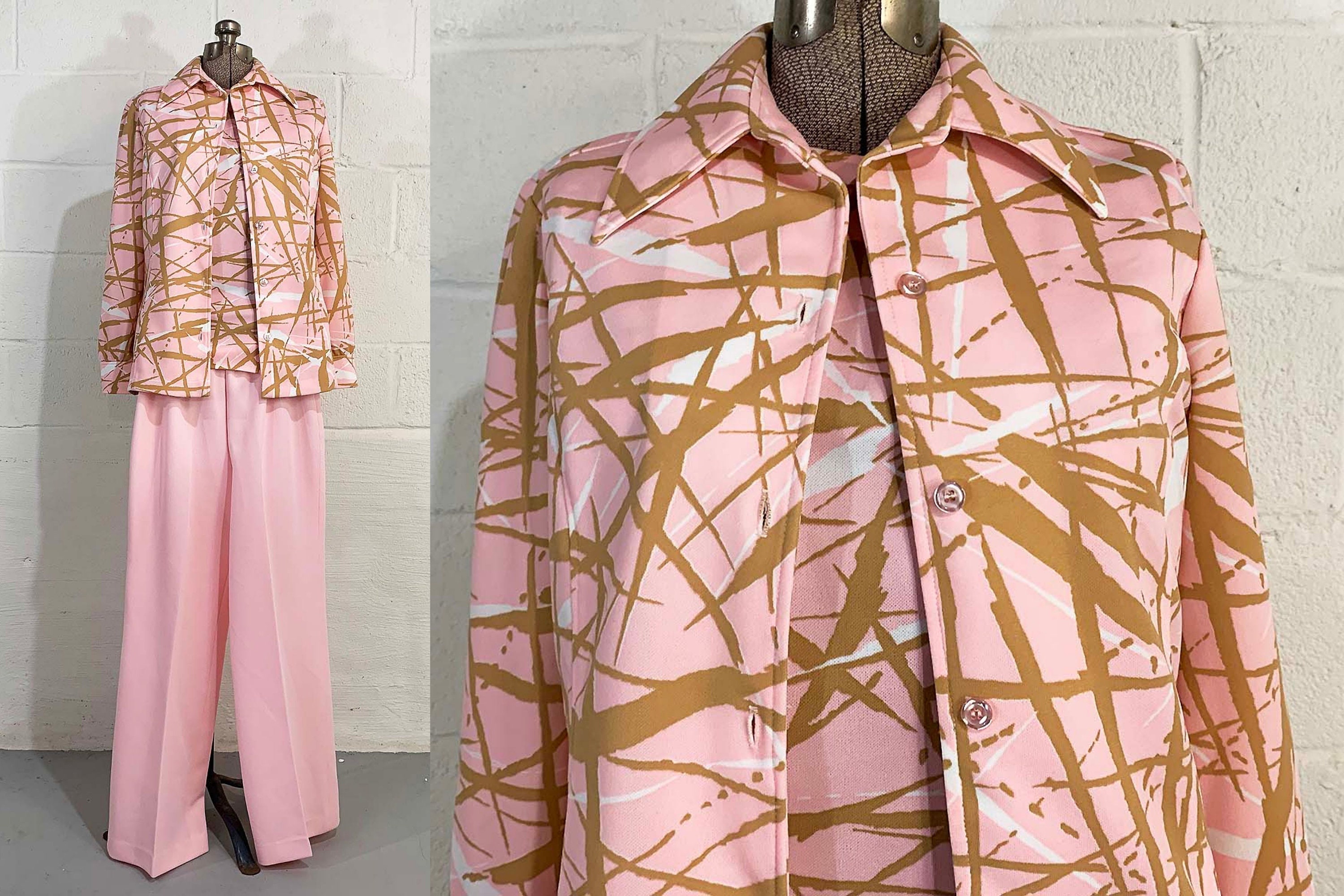 Vintage Pink Mod Pantsuit Jacket Dagger Collar Long Sleeve Pants Shirt ...