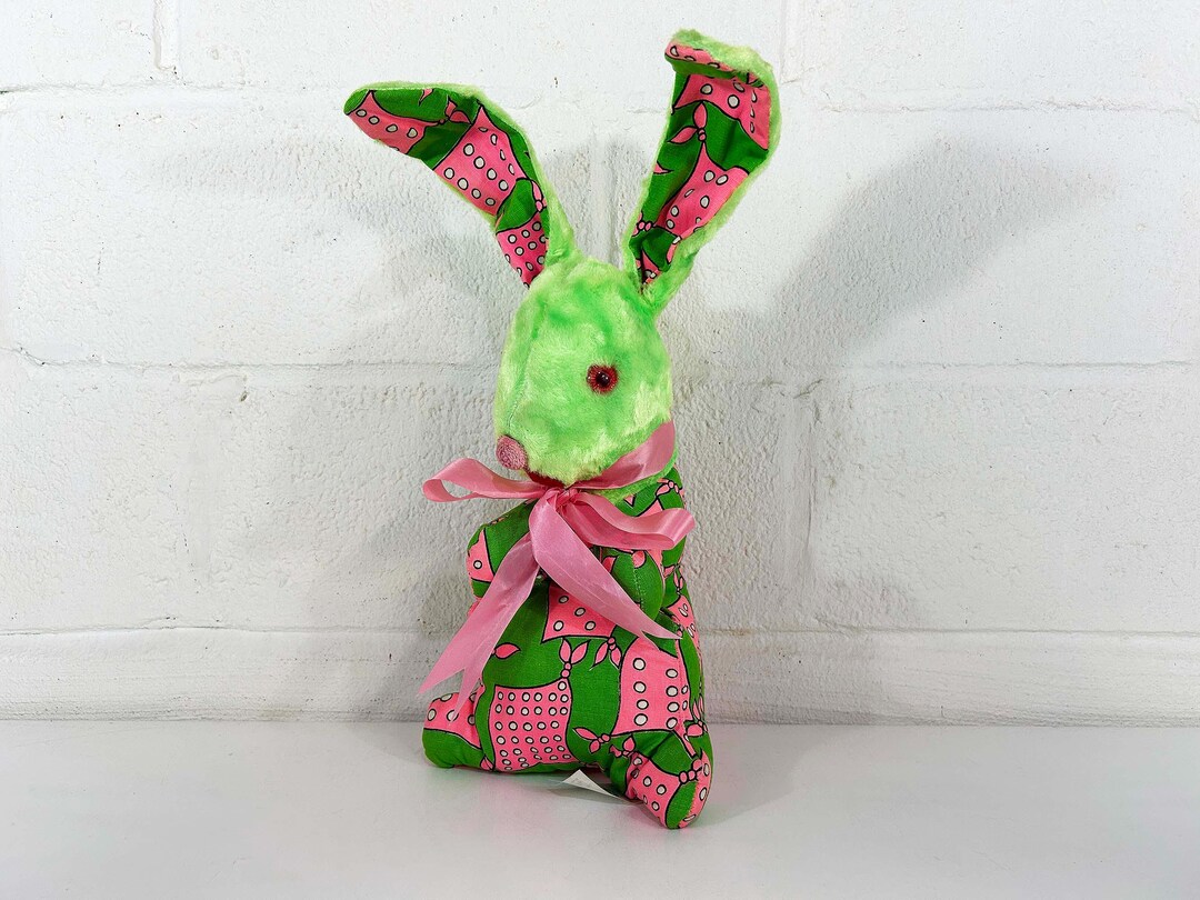 Vintage Stuffed Easter Bunny Animal Dollcraft Rabbit Floral Pink Lime ...