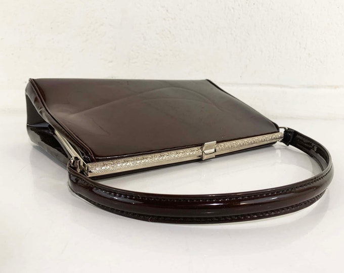 Vintage Brown Mod Purse Large Faux Patent Leather Bag Verdi USA Top ...