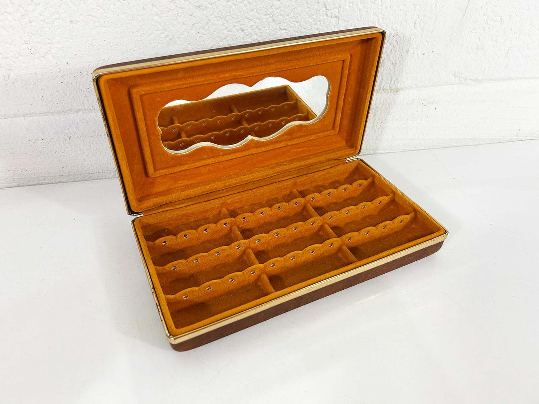 Vintage Mele Style Jewelry Box Velvet Earring Case Brown Gold Travel ...