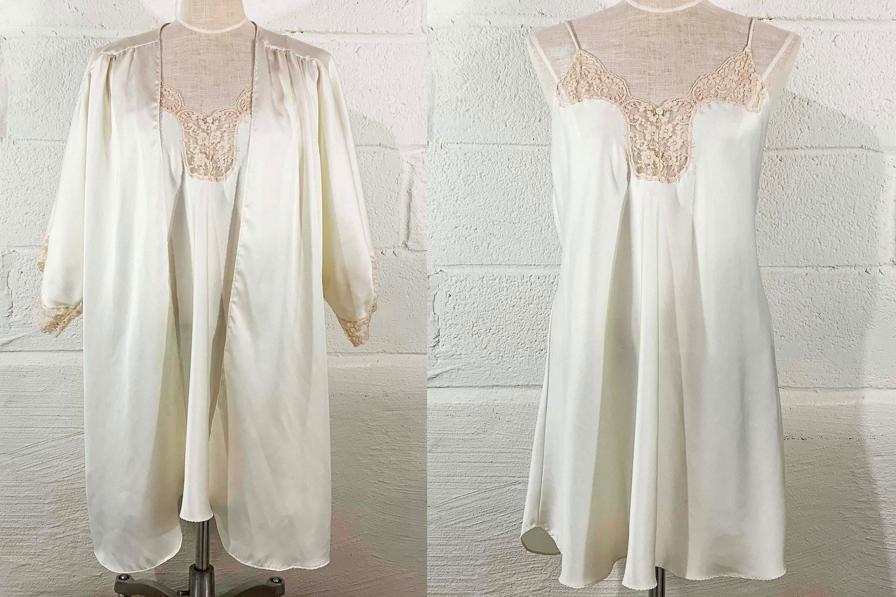 Vintage Slip Robe Victorias Secret Ivory Pink Rose Sheer Jacket