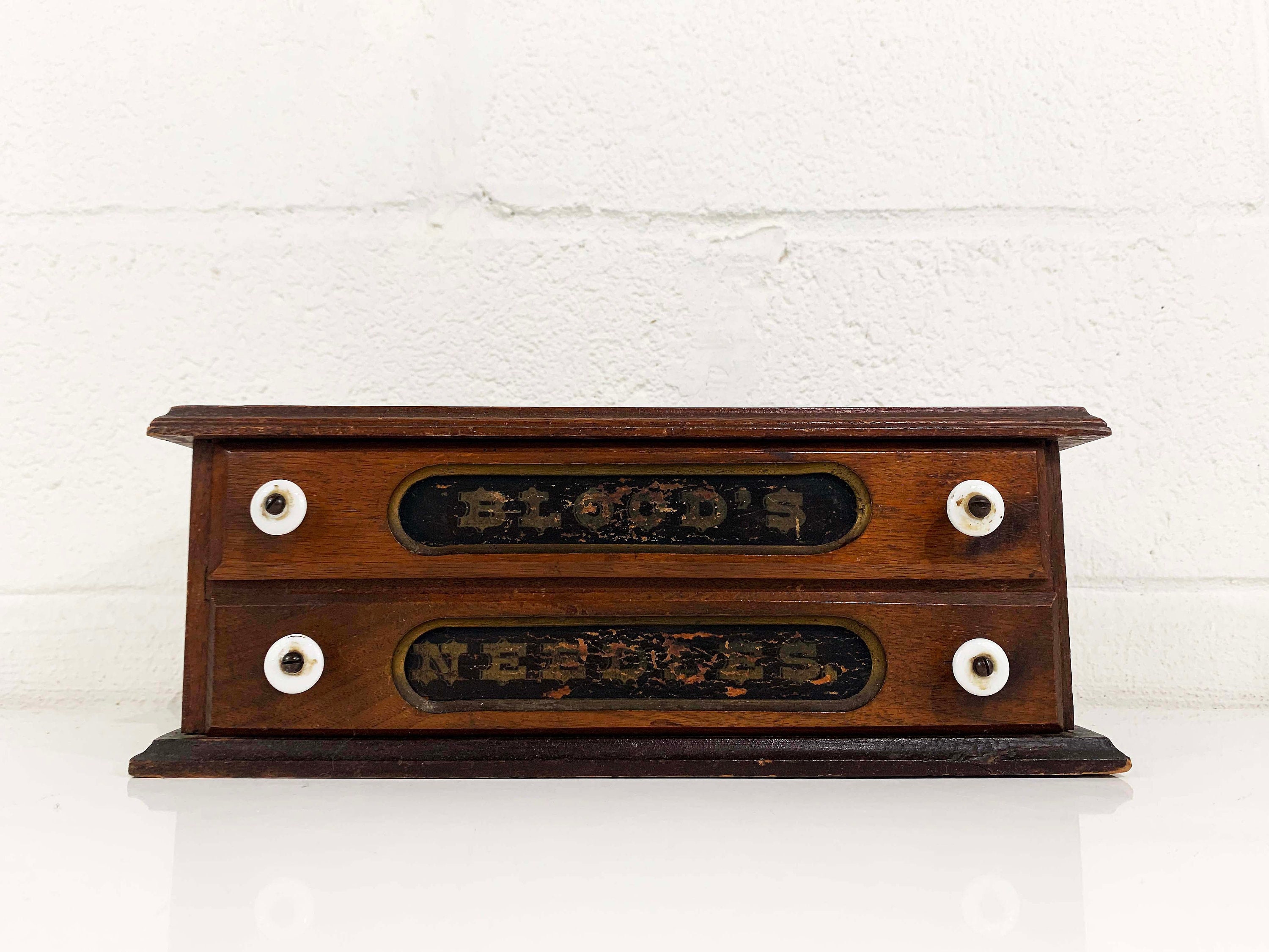 Antique Blood's Needles Wood Thread Spool Sewing Box Cabinet 2 Drawer ...