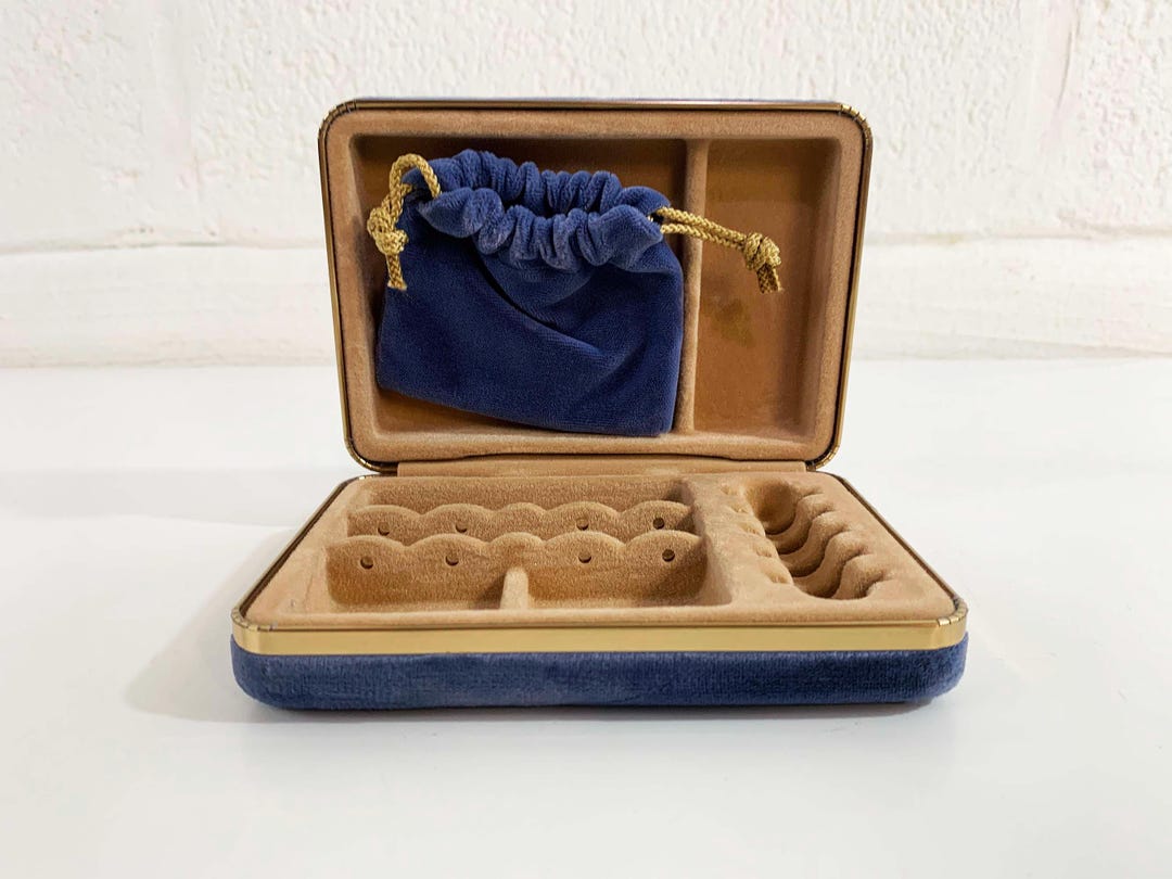Vintage Mele Jewelry Box Velvet Earring Ring Case Gold Blue Travel Hard ...