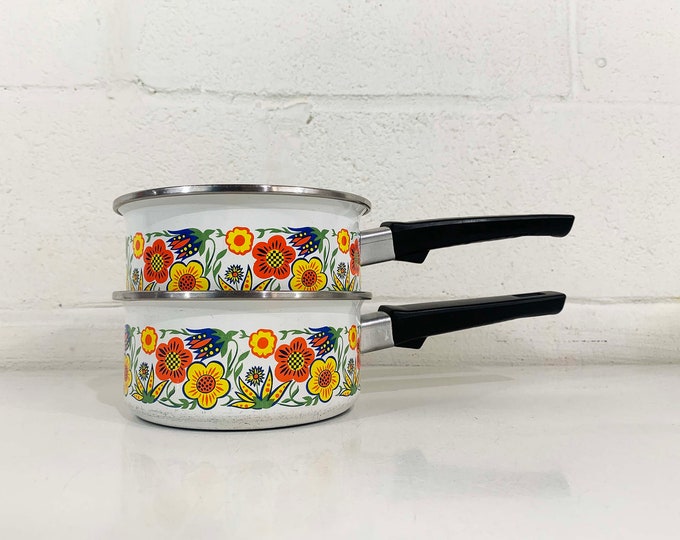 Vintage Flower Power Enamel Cookware Set Casserole Servers Pan Floral ...