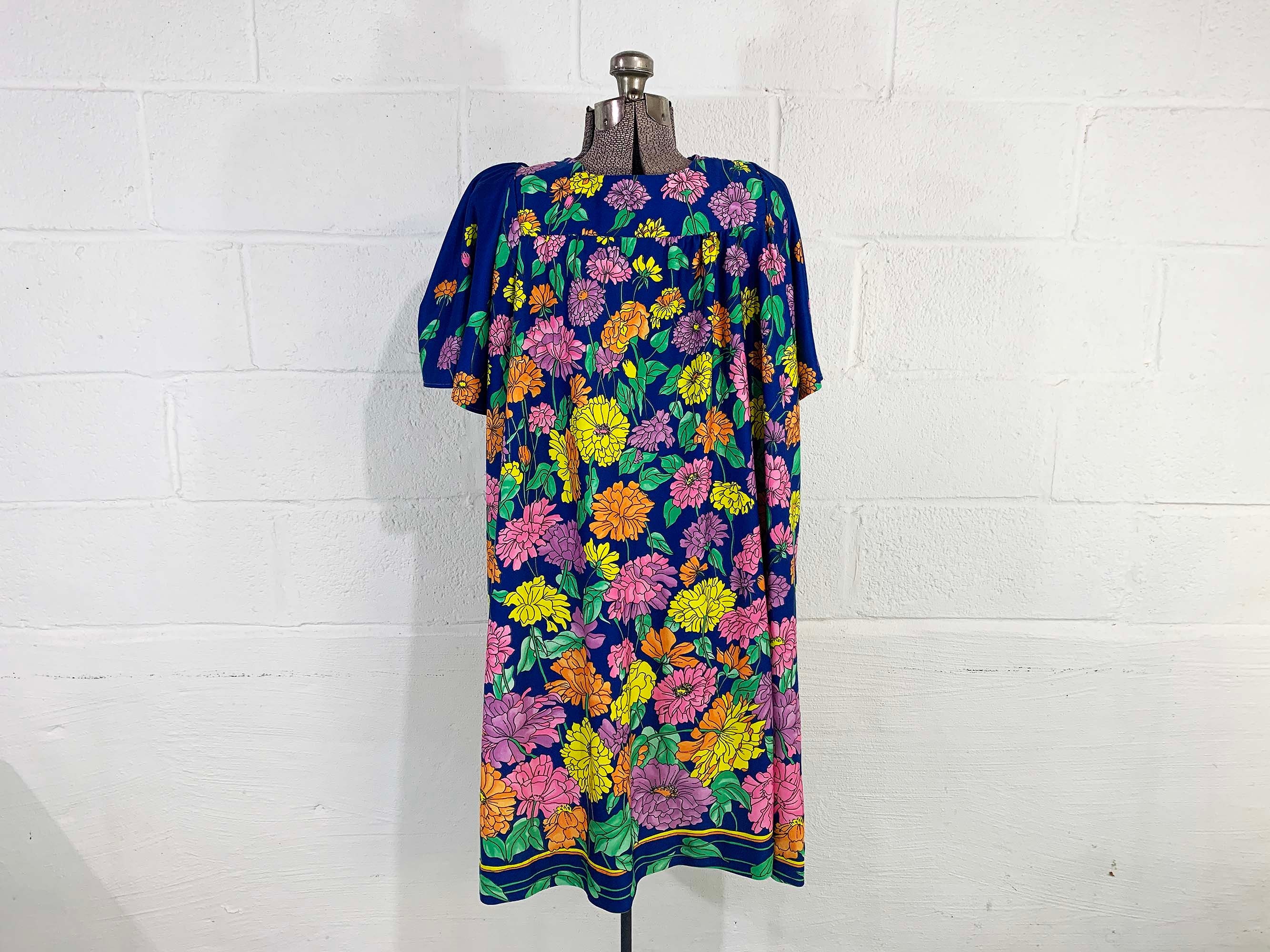Vintage Hawaiian Muumuu Dress Tiki Floral Trapeze Blue Pink Flutter ...
