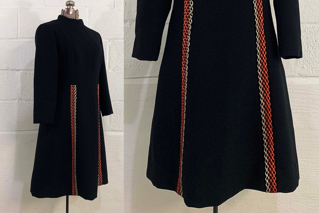 Vintage Black Mod Dress Orange 1960s A-line Long Sleeve Heavyweight ...