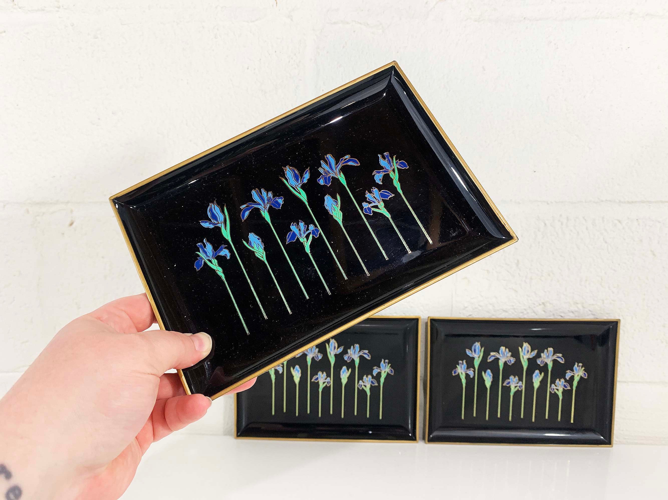 Vintage Blue Iris Trays Otagiri Japan Black Lacquerware Plastic Flower ...